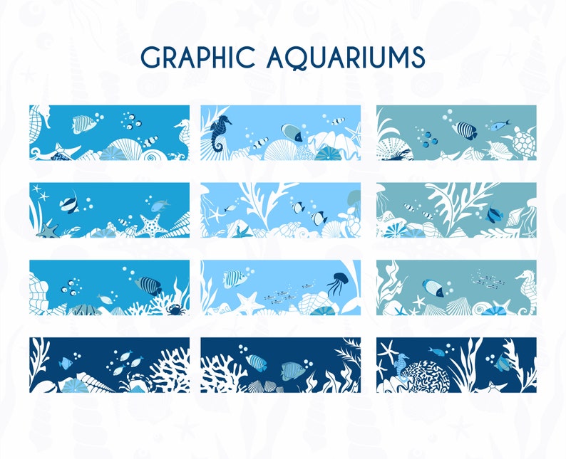 Blue SVG Graphic Sealife Elements. Marine Sea Creatures Rectangles ...