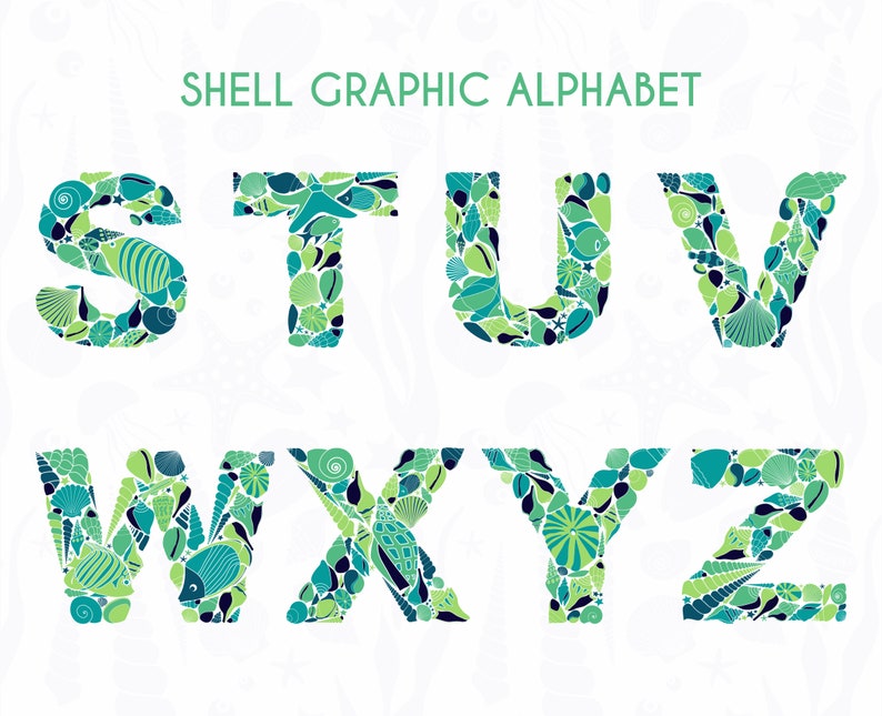 Green Ocean Clipart Alphabet Set. Shells and Sea Creatures Boy's ...