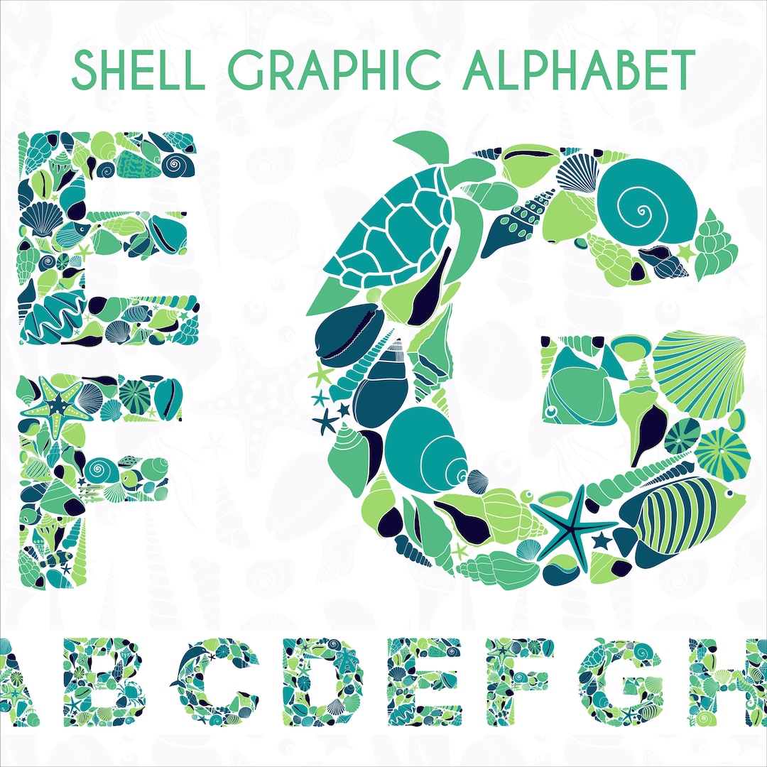 Green Ocean Clipart Alphabet Set. Shells and Sea Creatures Boy's ...