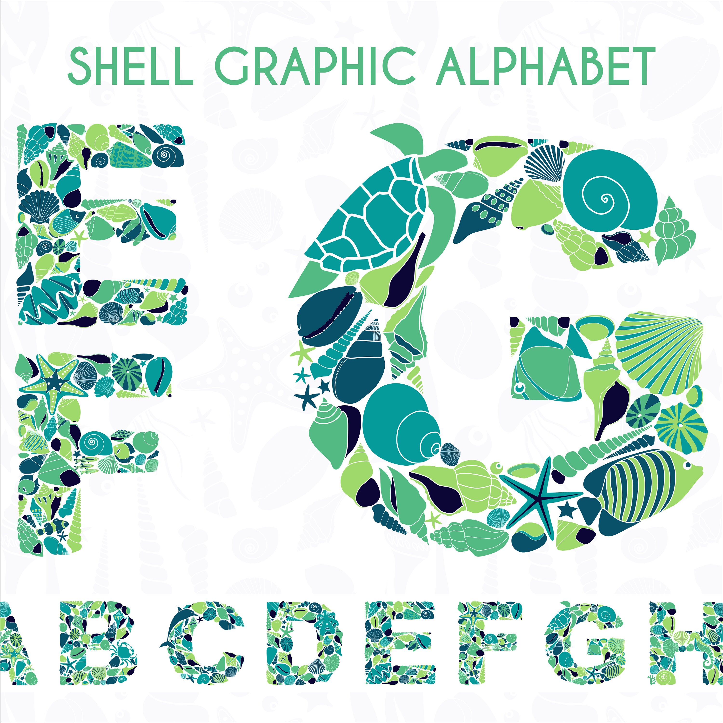 Green Ocean Clipart Alphabet Set. Shells and Sea Creatures Boy's ...