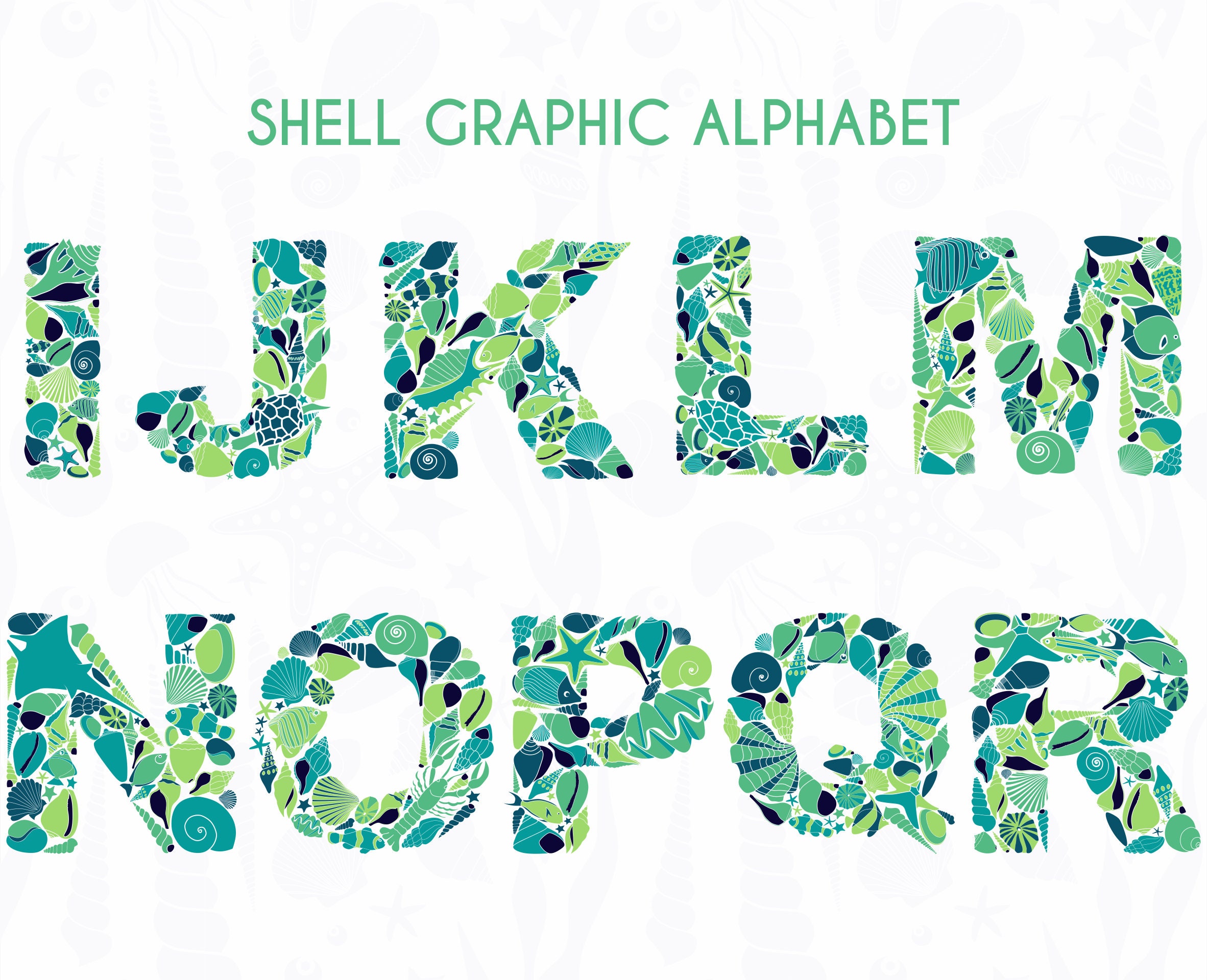 Green Ocean Clipart Alphabet Set. Shells and Sea Creatures Boy's ...