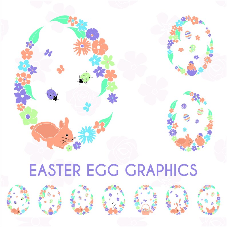 Colorful, Spring Flowers, Bunnies, and Easter Symbols Clipart. Floral ...