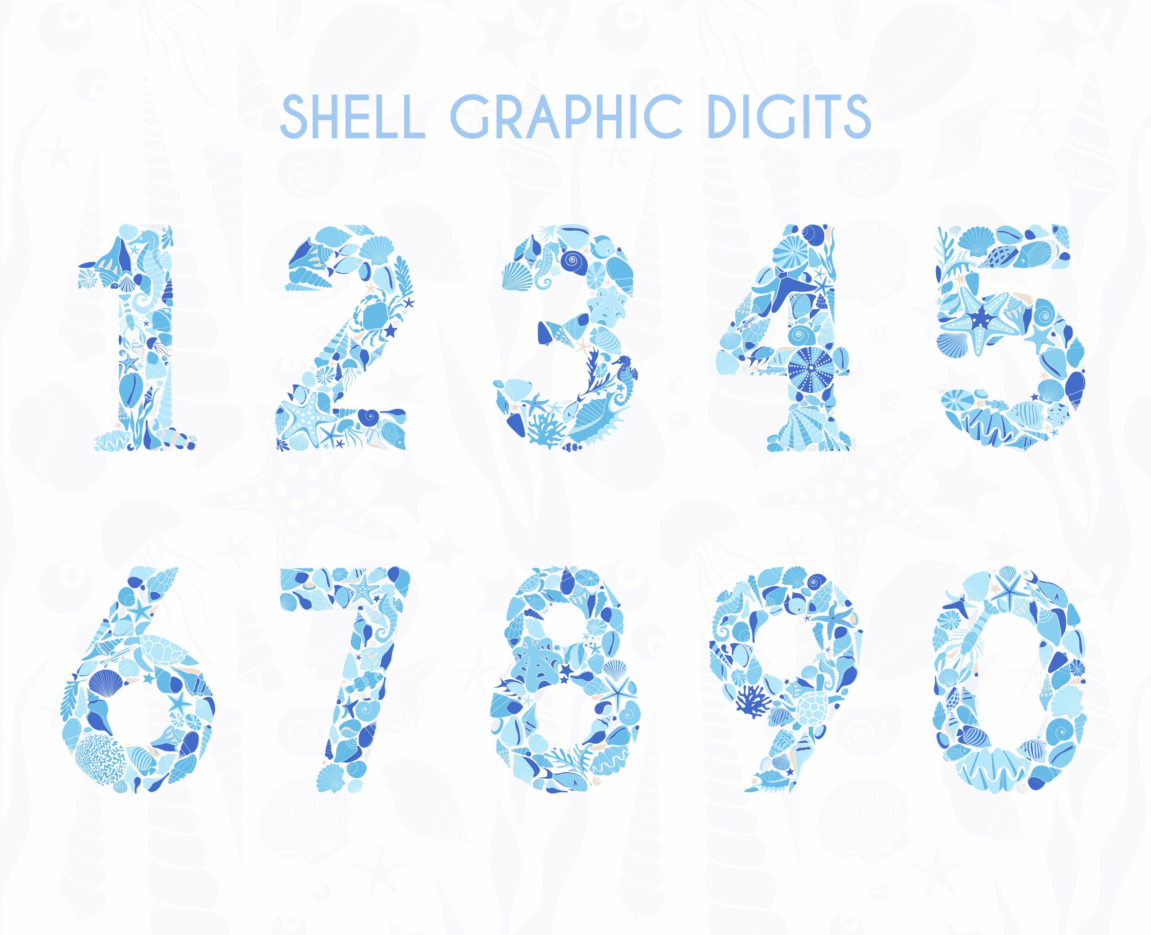 Boy's Blue Ocean Digital Numbers. Summer 0-9 Digits With Shells and Sea ...