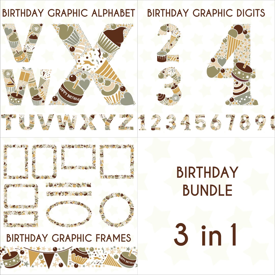Birthday Clipart Set Decoration. Birthday Frames, Alphabet, and Digits ...