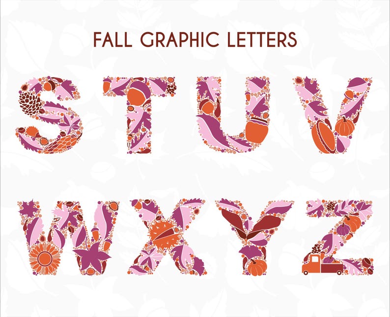 Fall Leaves Alphabet PNG Clip Art. SVG Files of Purple, Red and Pink ...