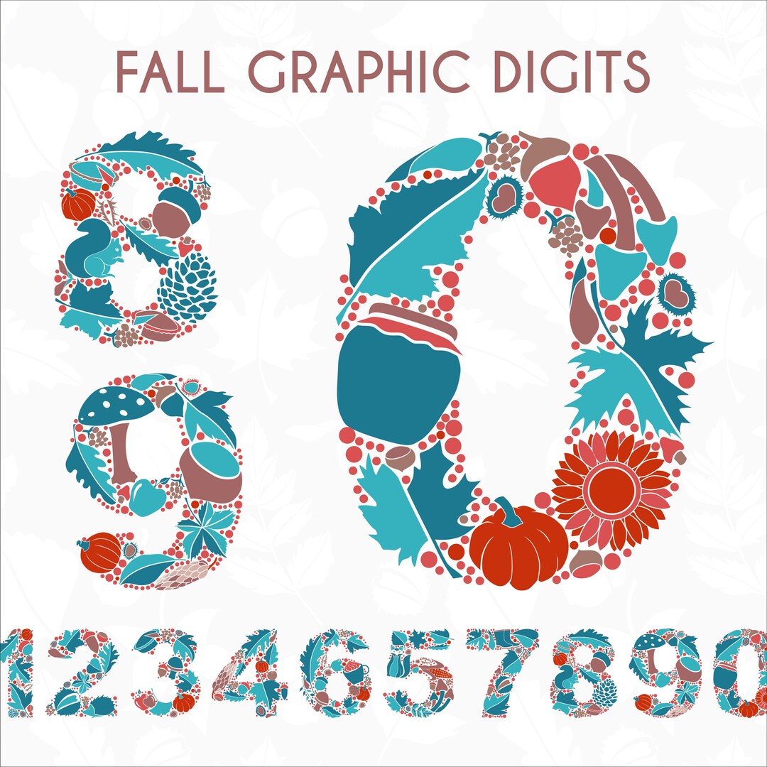 Autumn Themed Clip Art Decorated Numbers. Fall Digital Numeral PNG ...