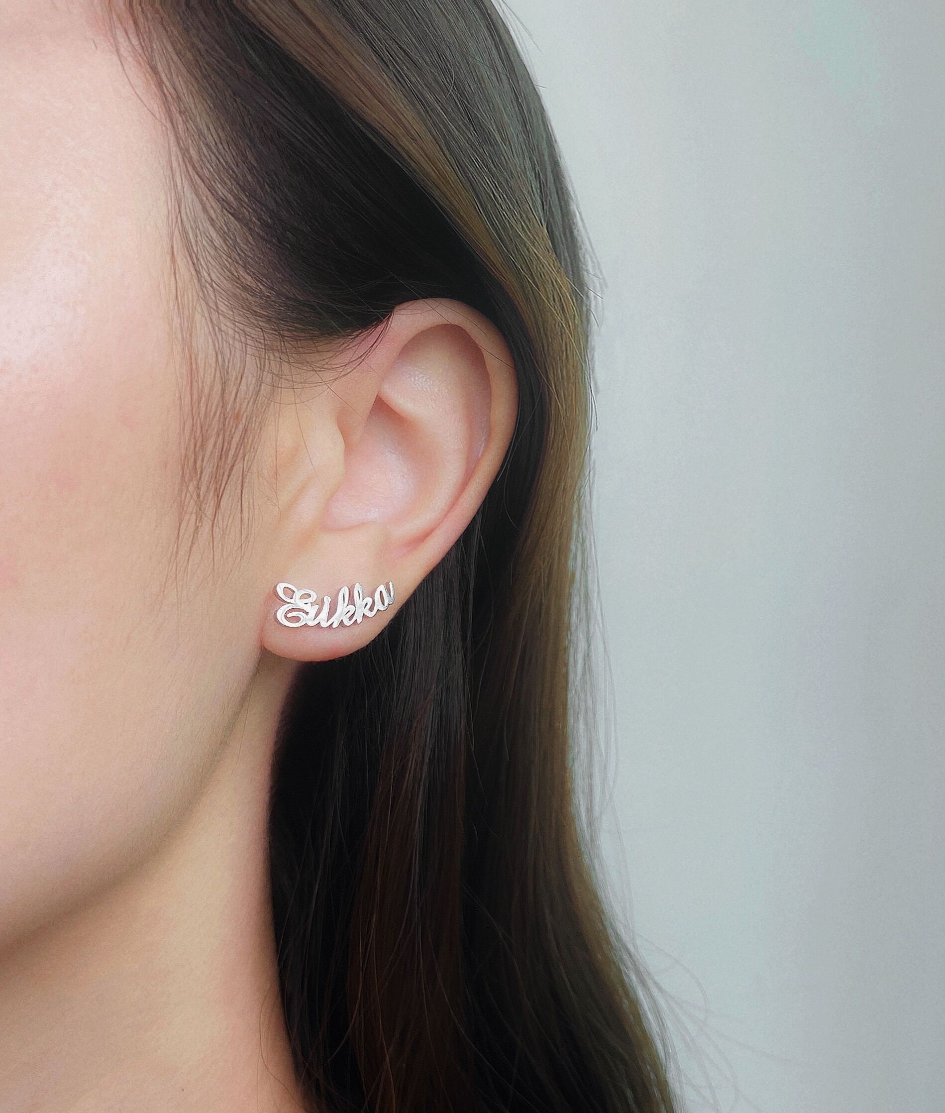 Custom name earring sterling silver personalized ear stud two | Etsy