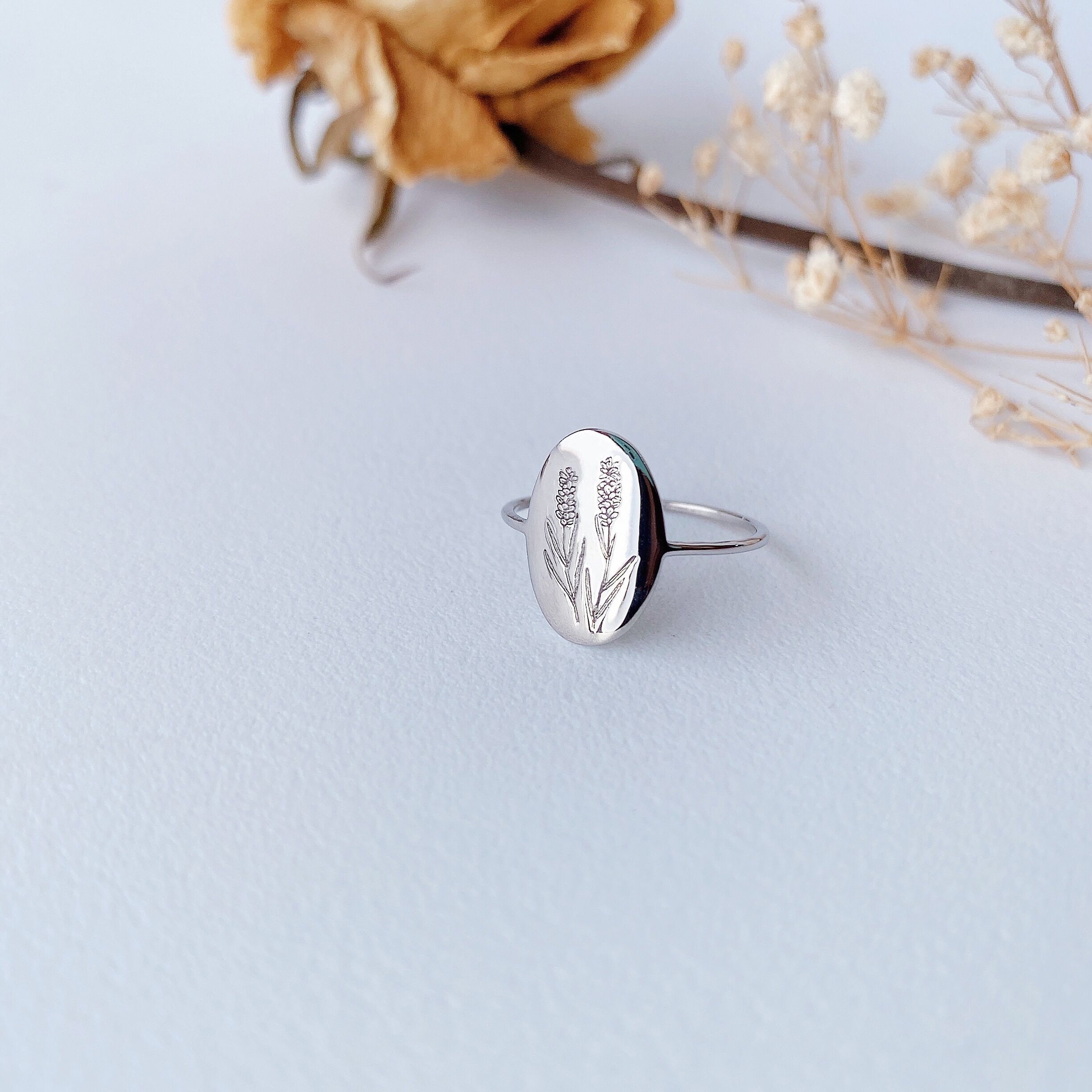 Personalized Engraved Logo Oval Ring Custom Engrave Wildflowers/birth ...