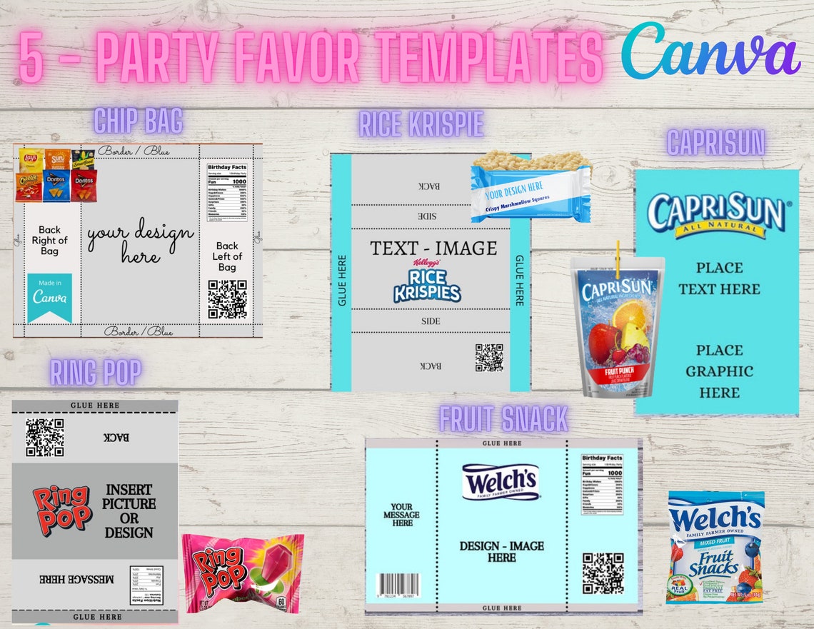 Party Favor Template Bundle of 5 L Chip Bag Template L Pop - Etsy