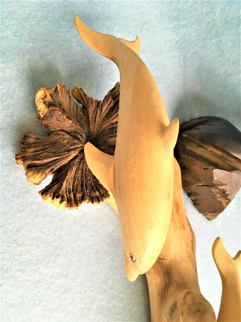 Lot of 2 Hand Carved DOLPHIN FIGURINES; Iron Wood Single Dolphin and ...