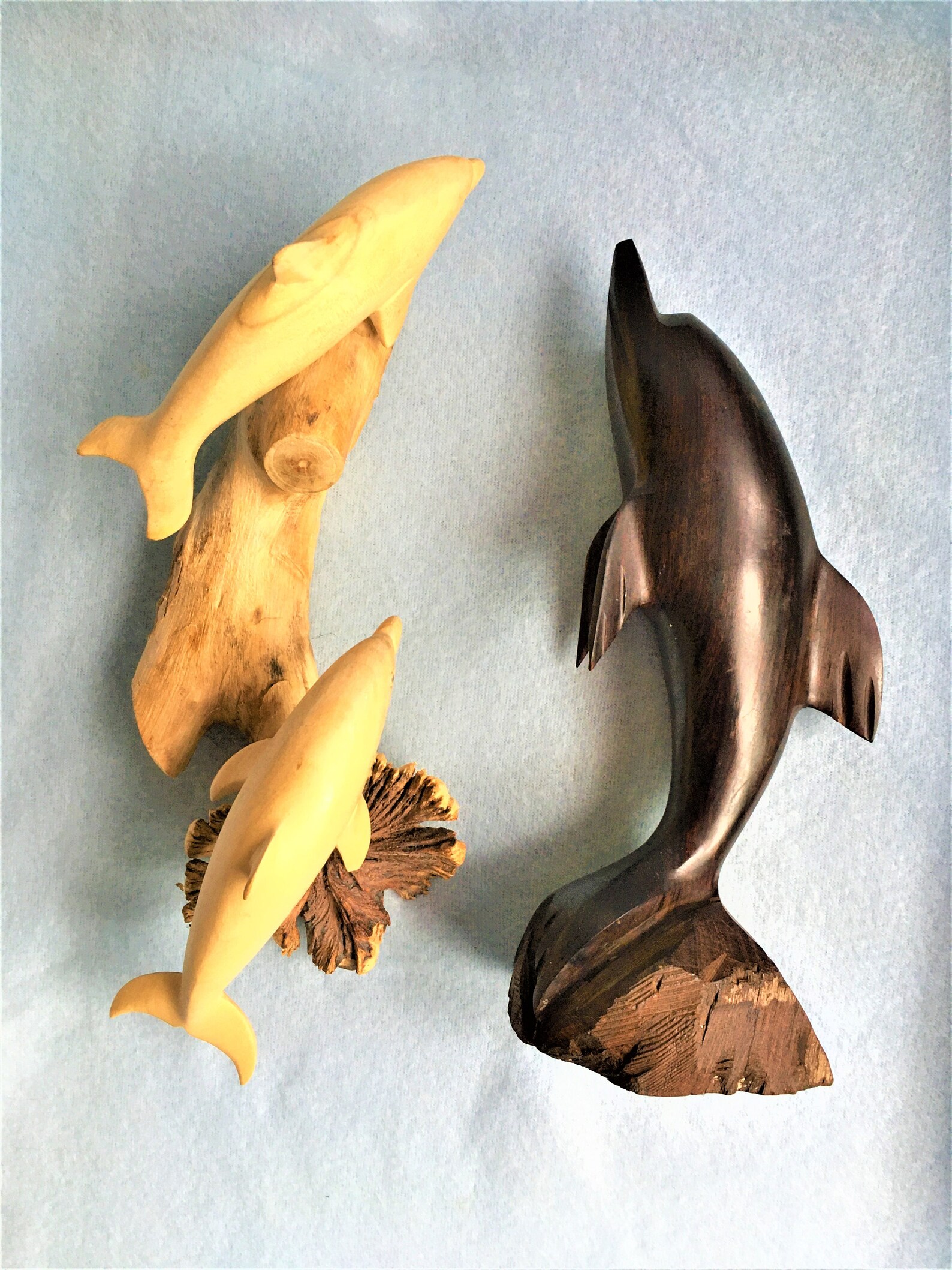 Lot of 2 Hand Carved DOLPHIN FIGURINES; Iron Wood Single Dolphin and ...