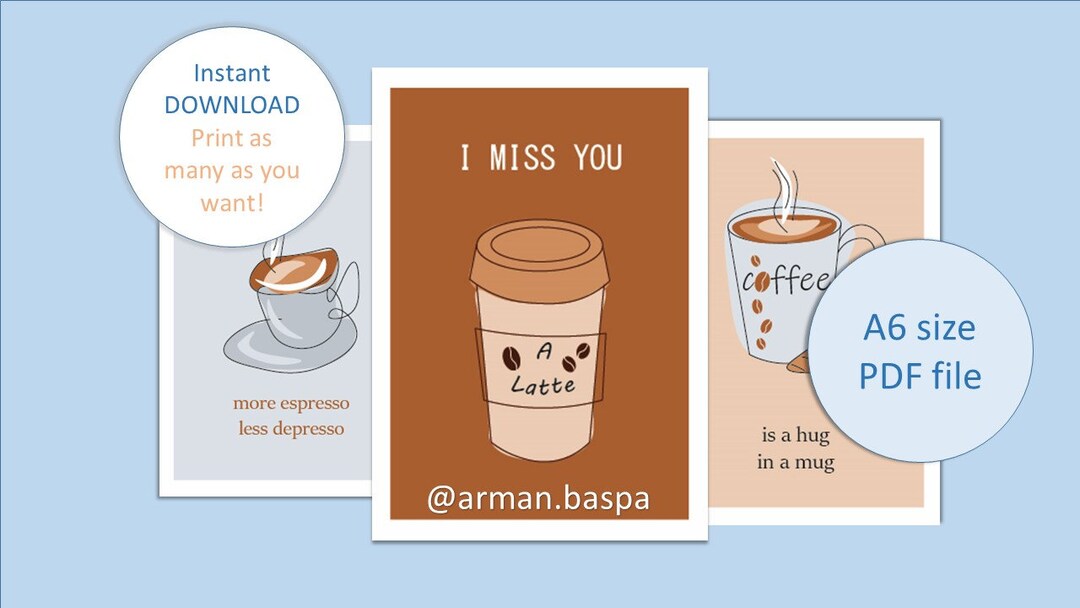 Cute Coffee Card. Printable Cards. Digital Download Coffee Cards for ...