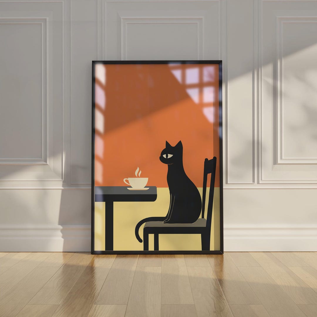 Atomic Cat Wall Art Print, Black Cat With Coffee, Cat Lover Gifts ...