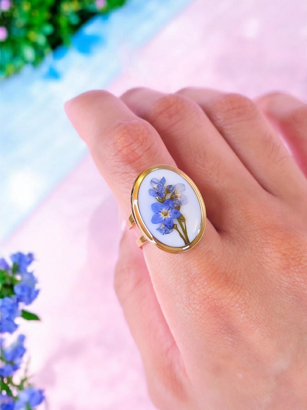 Preserved Forget-me-not Flower Oval Golden Adjustable Stainless Steel ...