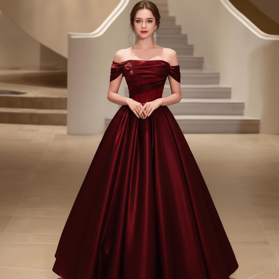 Gorgeous Red Off-shoulder Satin Prom Dress,evening Gowns,wedding Dress ...