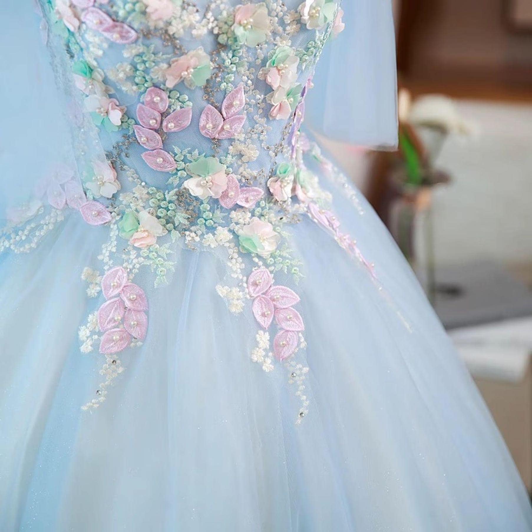 Fairy Sky Blue Flower Tulle Prom Dress,party Dress,princess Ball Gown ...