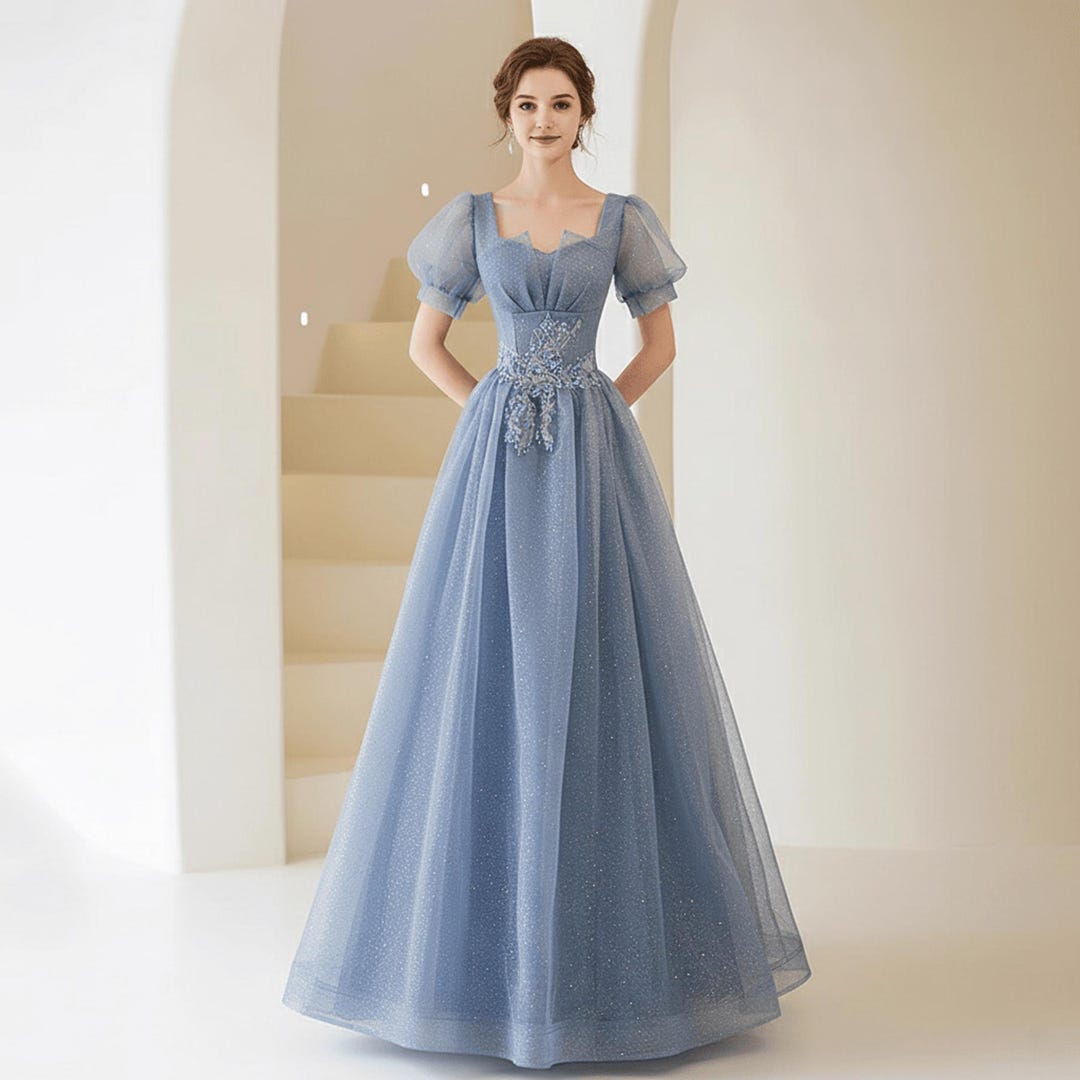 Elegant Blue V-neck Tulle Prom Dress,birthday Ball Gowns,graduation ...
