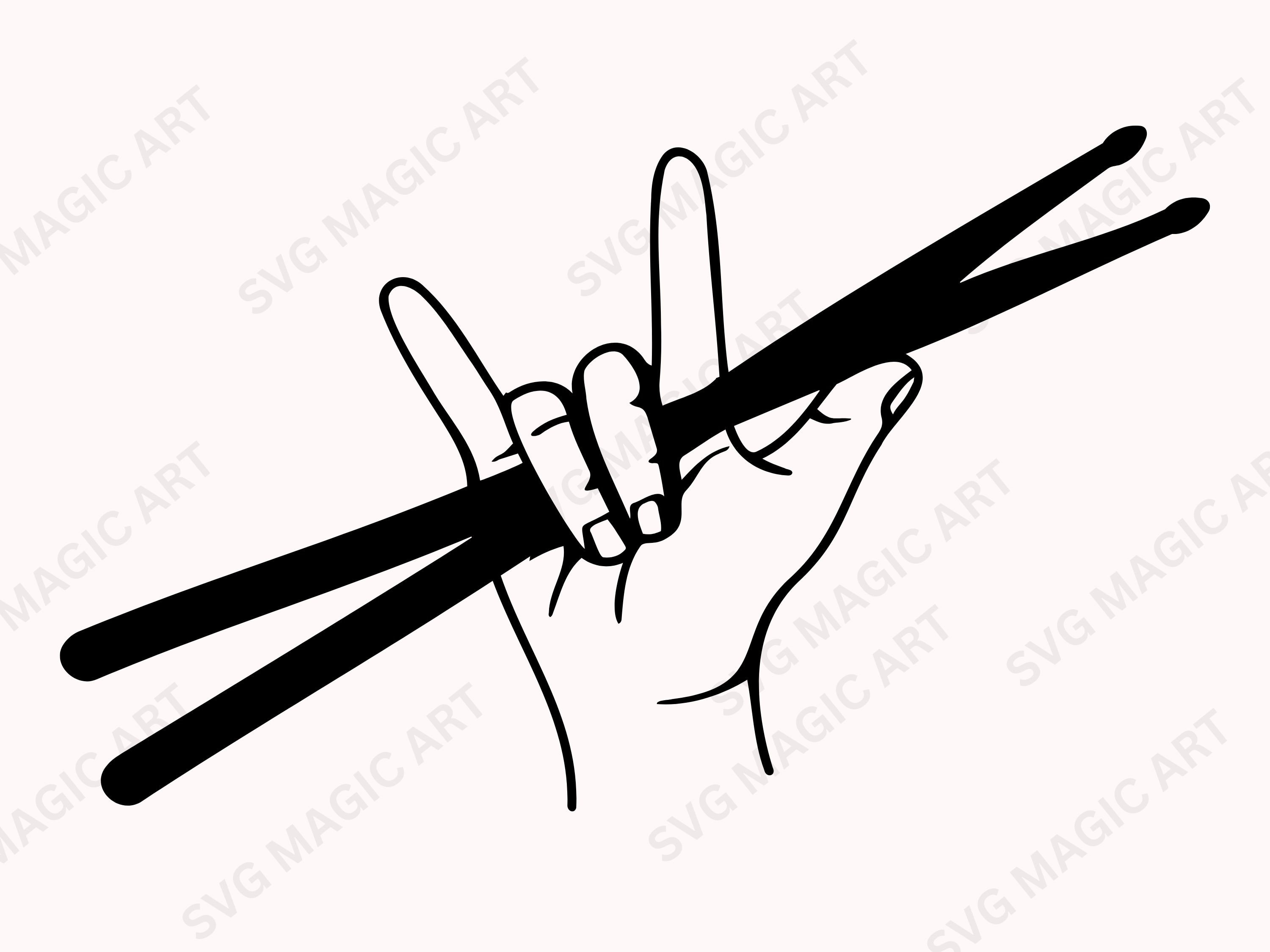Rock on Hand Sign With Drumstick, Hand Holding Drum Sticks Svg ...