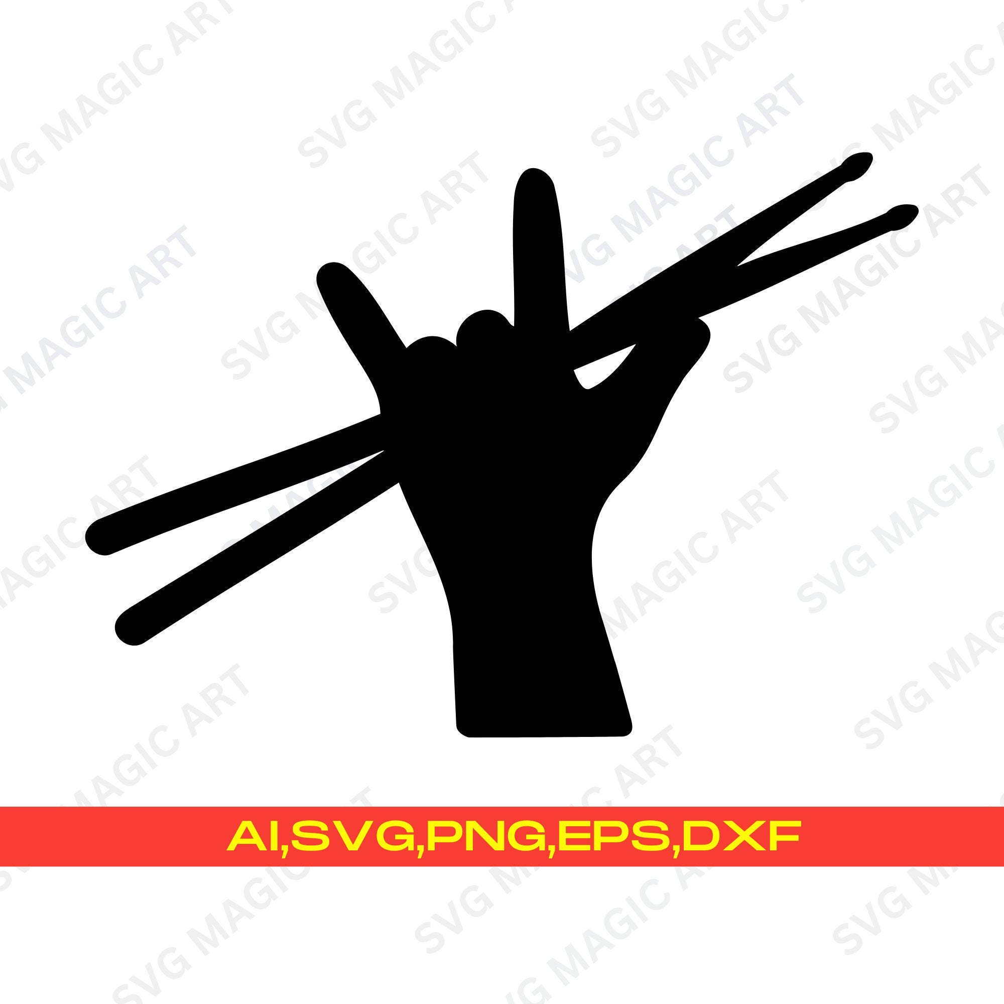 Rock on Hand Sign With Drumstick, Hand Holding Drum Sticks Svg ...