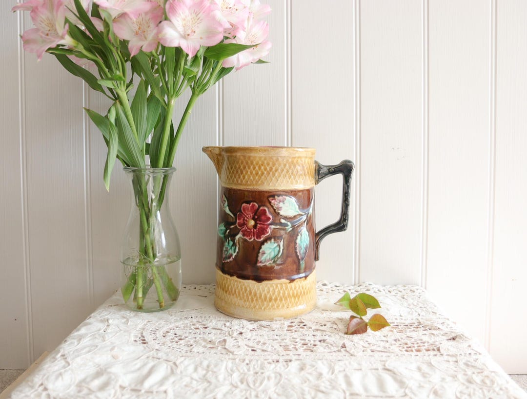Vintage Large Floral Majolica Pitcher - Etsy