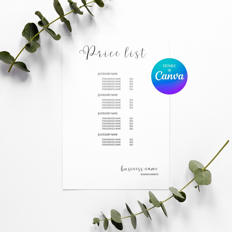 Simple Price List Template Canva Template Printable Modern - Etsy