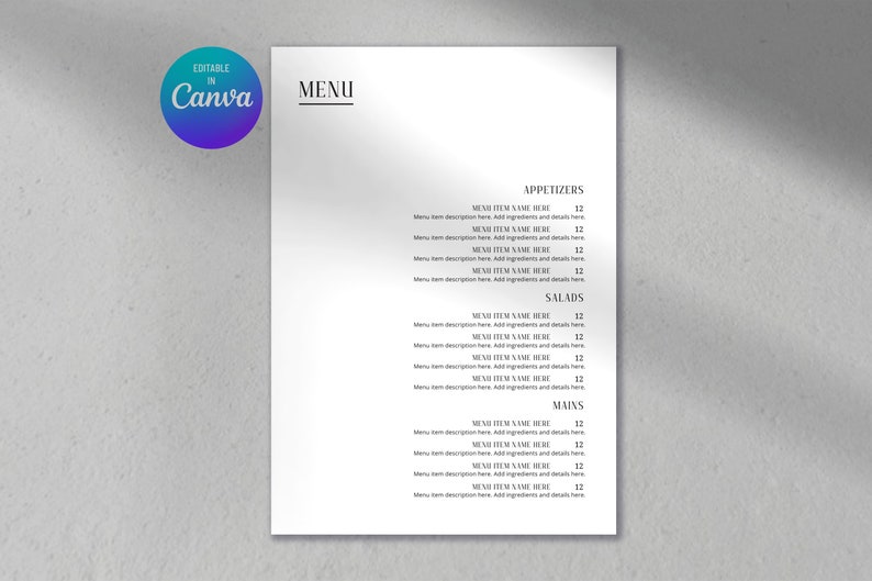 Printable Menu Canva Template Modern Restaurant Menu - Etsy