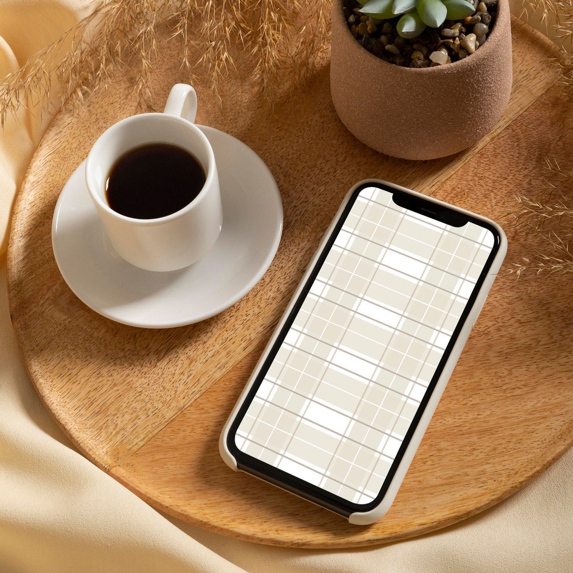 Beige Plaid Phone Lock Screen | Neutral Phone Home Screen | Checks ...