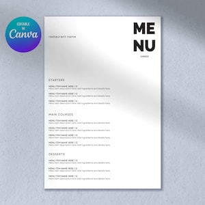 Editable Menu Canva Template Printable Restaurant Menu Minimal Menu ...