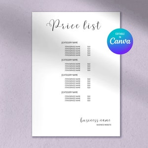 Simple Price List Template Canva Template Printable Modern Price Sheet ...
