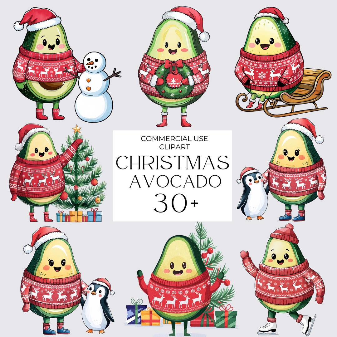 Christmas Avocado Clipart Bundle - Cute Christmas Holiday Designs for ...