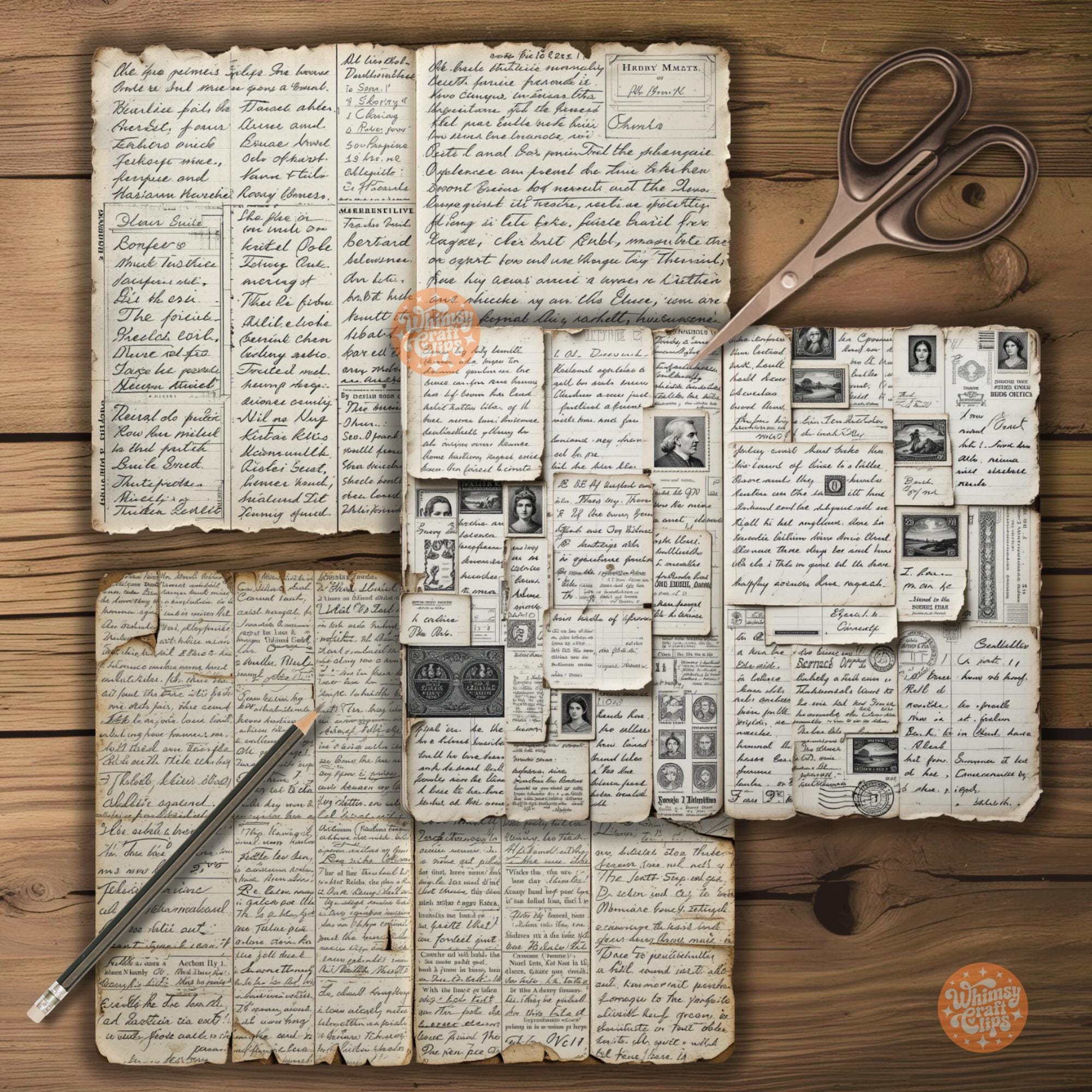 Vintage Handwritten Notes Junk Papers, Horizontal Junk Journal Filler ...