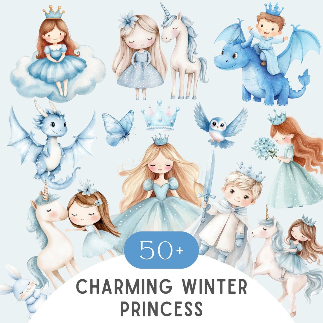 Charming Winter Princess Clipart Bundle: Elegant Watercolor Graphics ...