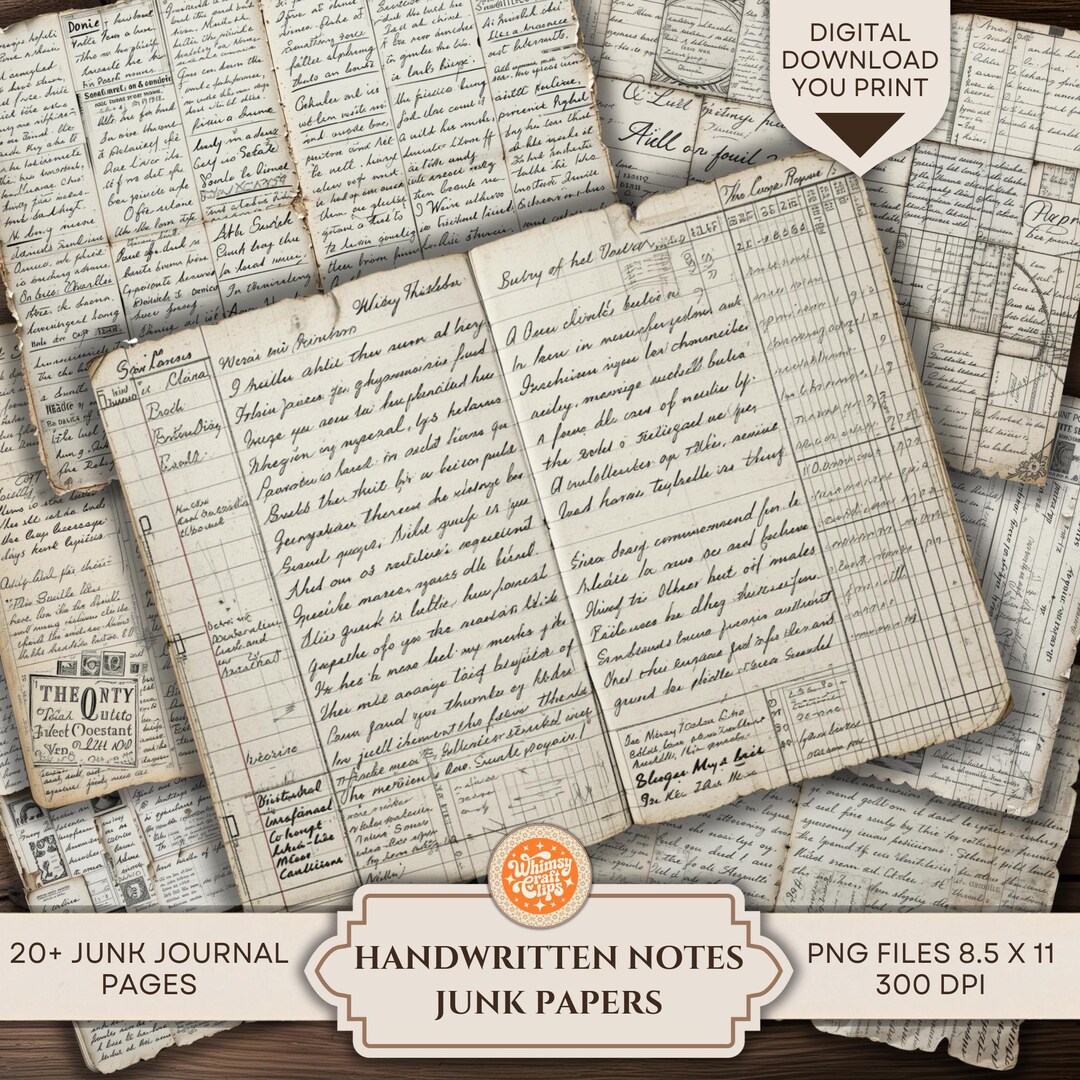 Vintage Handwritten Notes Junk Papers, Horizontal Junk Journal Filler ...