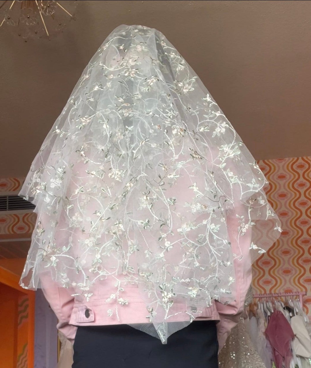 Chapel-length Handkerchief Style Floral Veil With Blusher / Green Veil ...