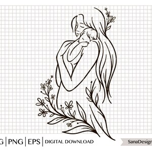 Mom and Baby Svg Floral Mom Svg Mother & Baby Line Art | Etsy Canada