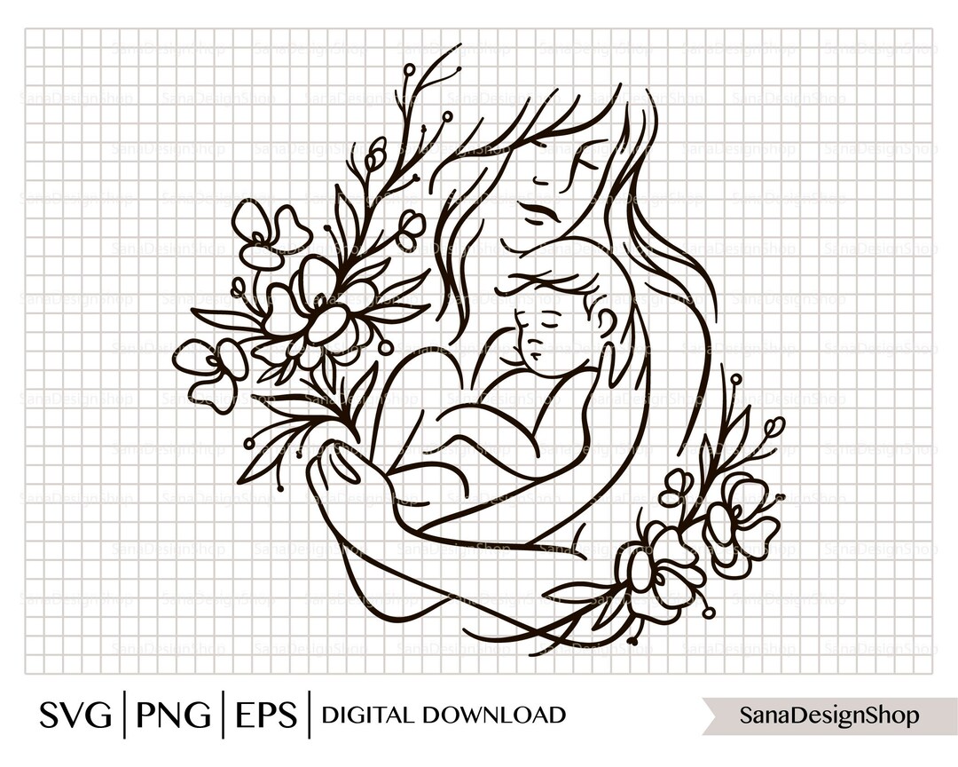 Mother and Baby Line Art, Maternity Svg, Mom and Baby Svg, Floral Mom ...