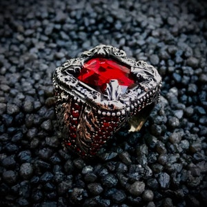 Gothic Style Men Ring, Original Swarovski Red Stone, Embroidered ...