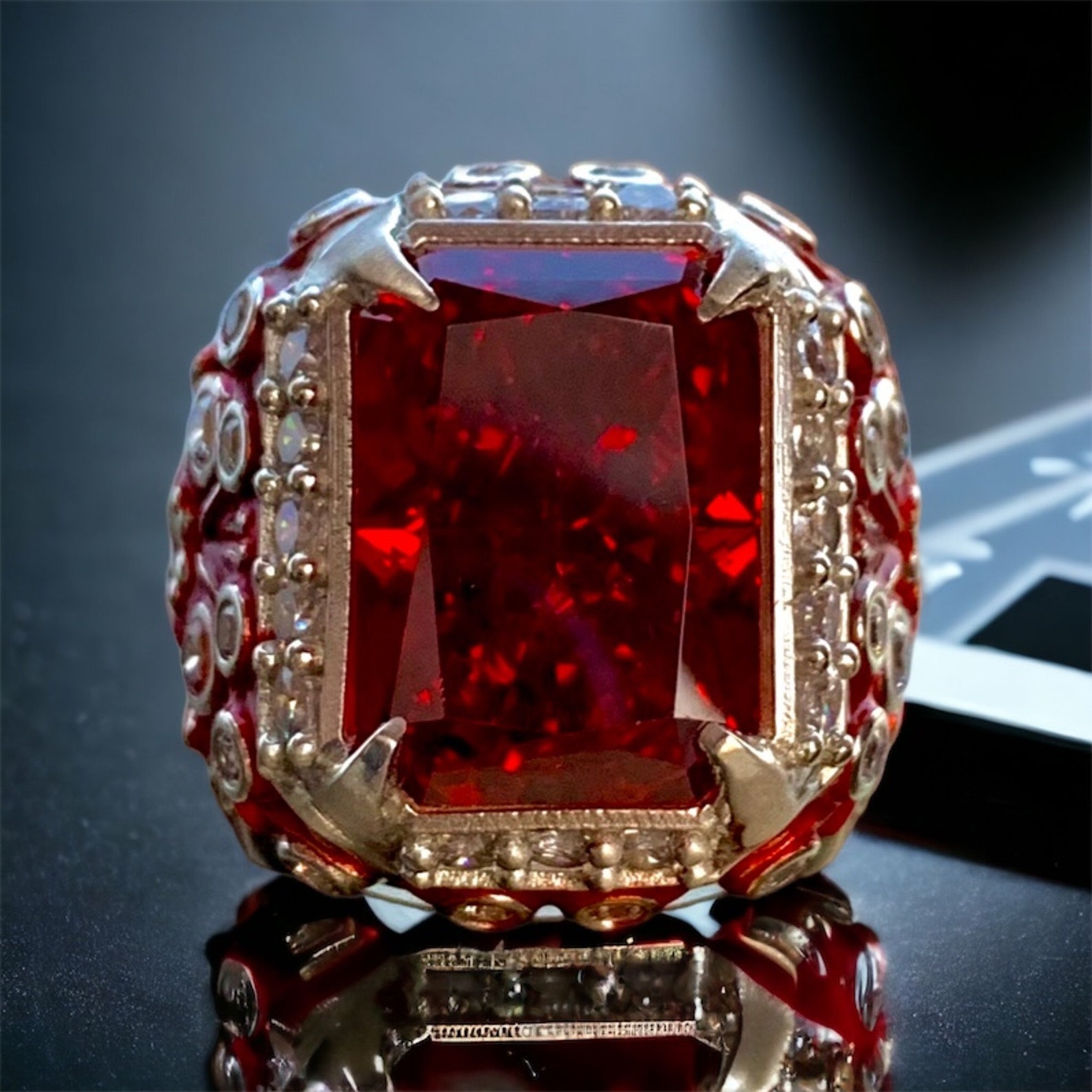 Red Enamel Ring Men Silver Ring Red Zircon Ring 925K Silver - Etsy