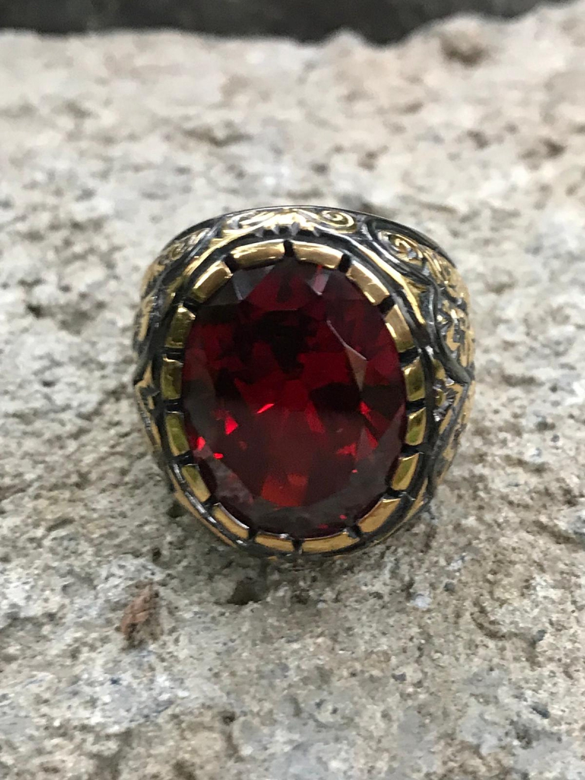 Engraved Ring Red Stones Ring 925 Silver Gift for Him Gift - Etsy