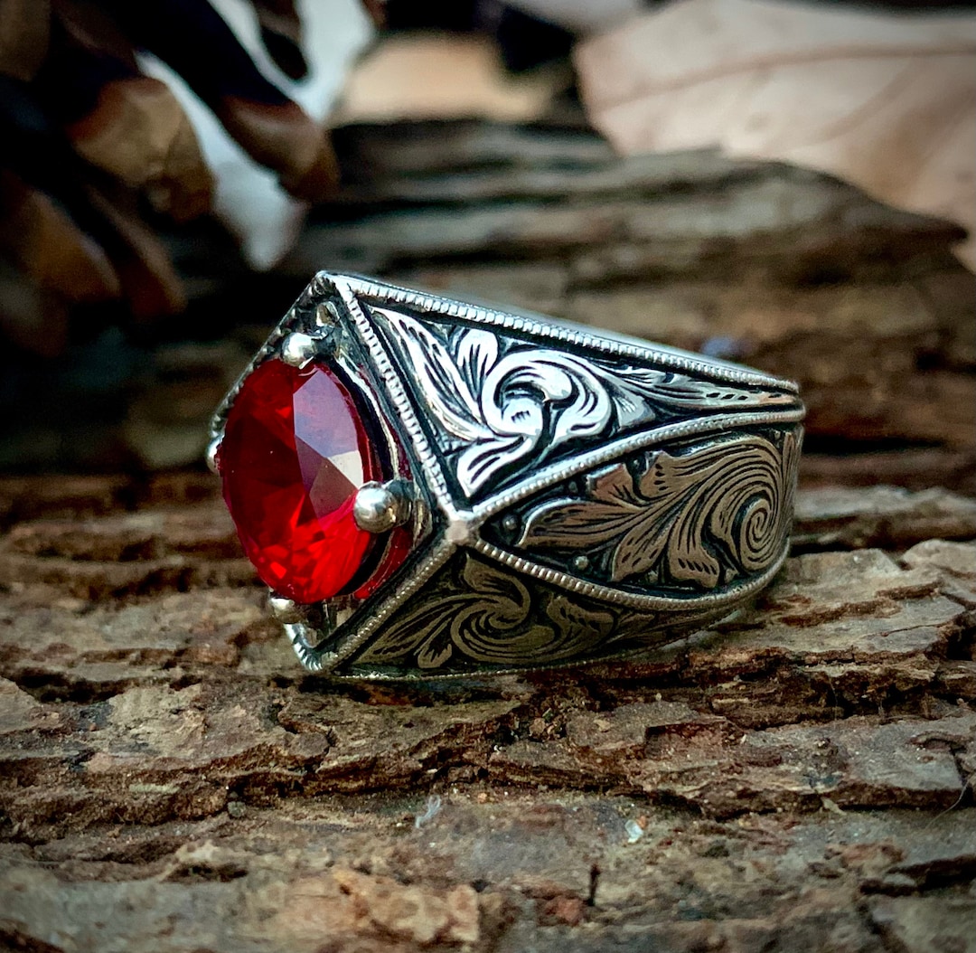 Engraved Men Ring, Jewelry Men Ring, Red Stones Ring, Gift for Him ...