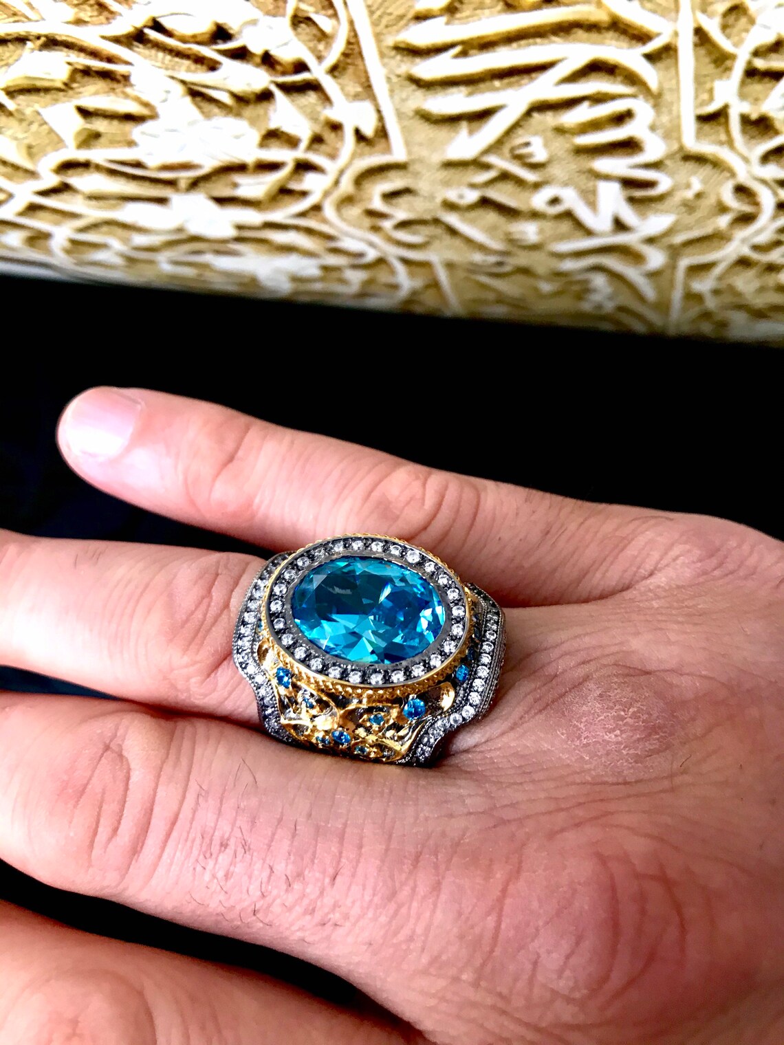 Baroque Engraved Men's Ring aquamarin Stone925 Silver - Etsy