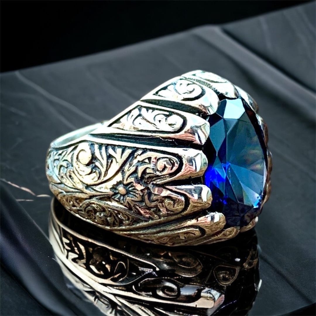 Dark Blue Stones Ring, Engraved Men Rings, Natural Stones Ring, Jewelry ...