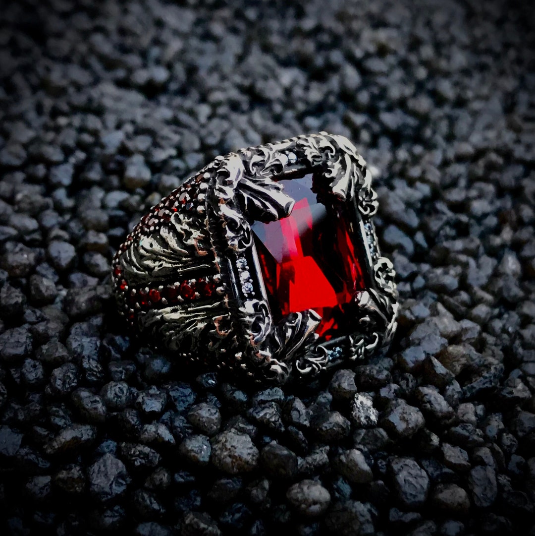 Gothic Style Men Ring, Original Swarovski Red Stone, Embroidered ...