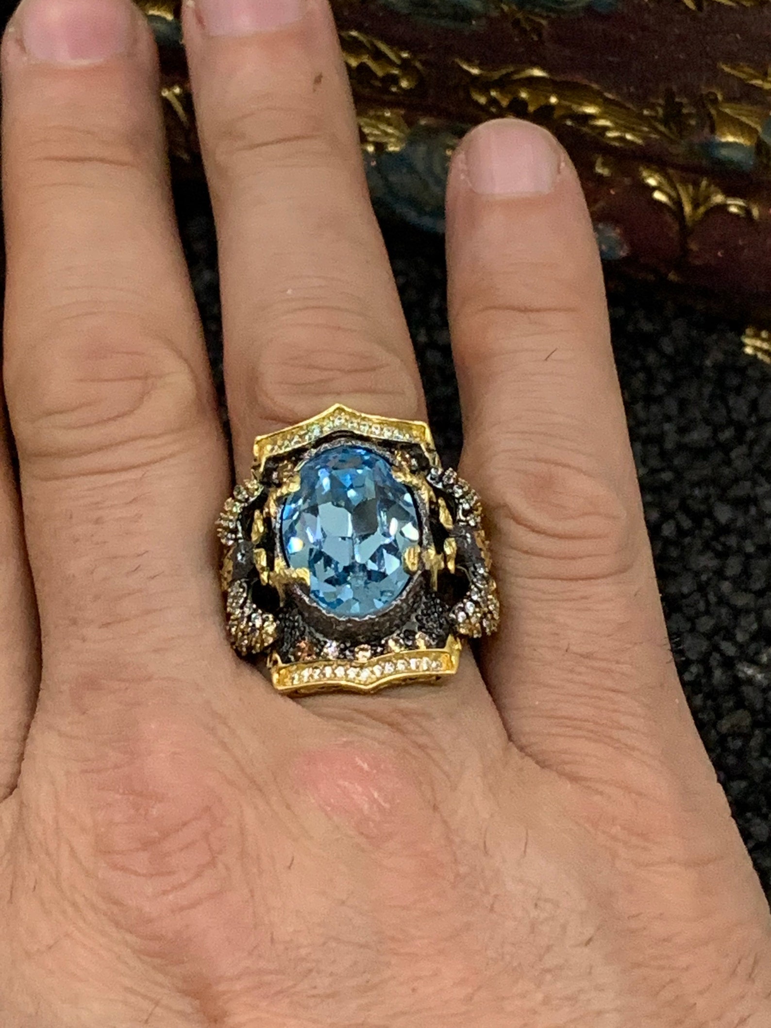 Cool Men Rings Baroque Hand Carved Aquamarin Swarovski Stone Double ...