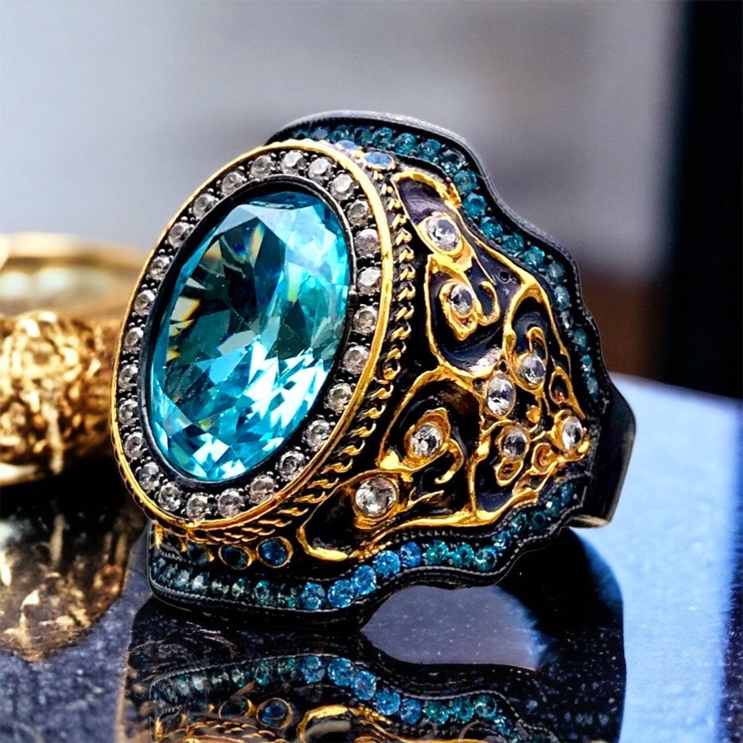 Baroque Engraved Men's Ring ,aquamarin Stone,925 Silver, All of the ...