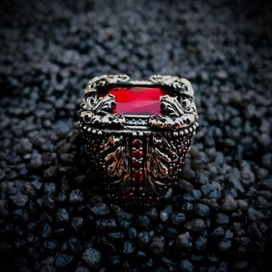 Gothic Style Men Ring, Original Swarovski Red Stone, Embroidered ...