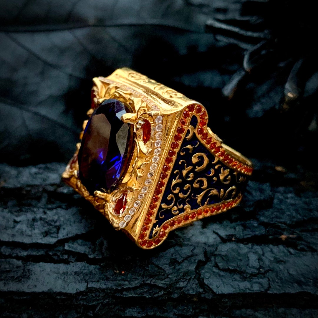 Enamel Signet Ring for Men, Sterling Silver, Tanzanite Ring, Engraved ...