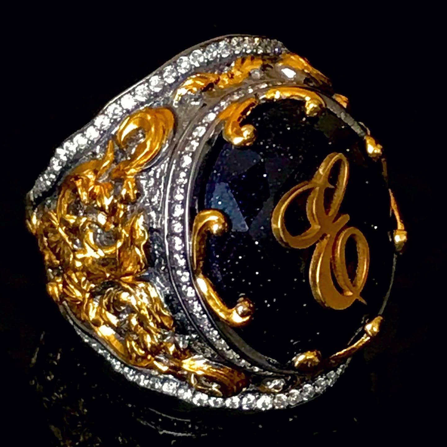Monogram Lettering, Custom Ring, Navy Blue Gemstones, Natural Stones ...