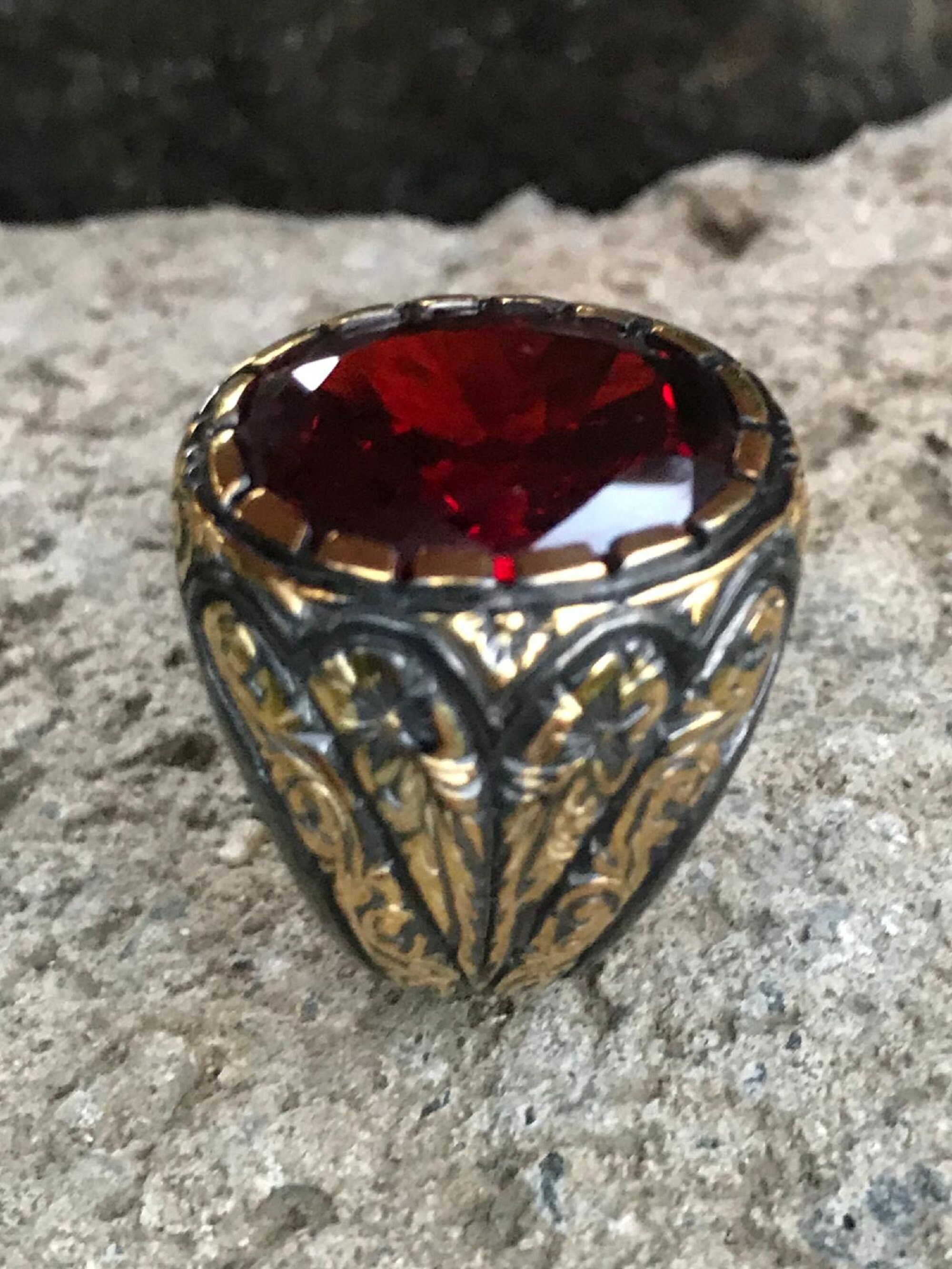 Engraved Ring Red Stones Ring 925 Silver Gift for Him Gift - Etsy