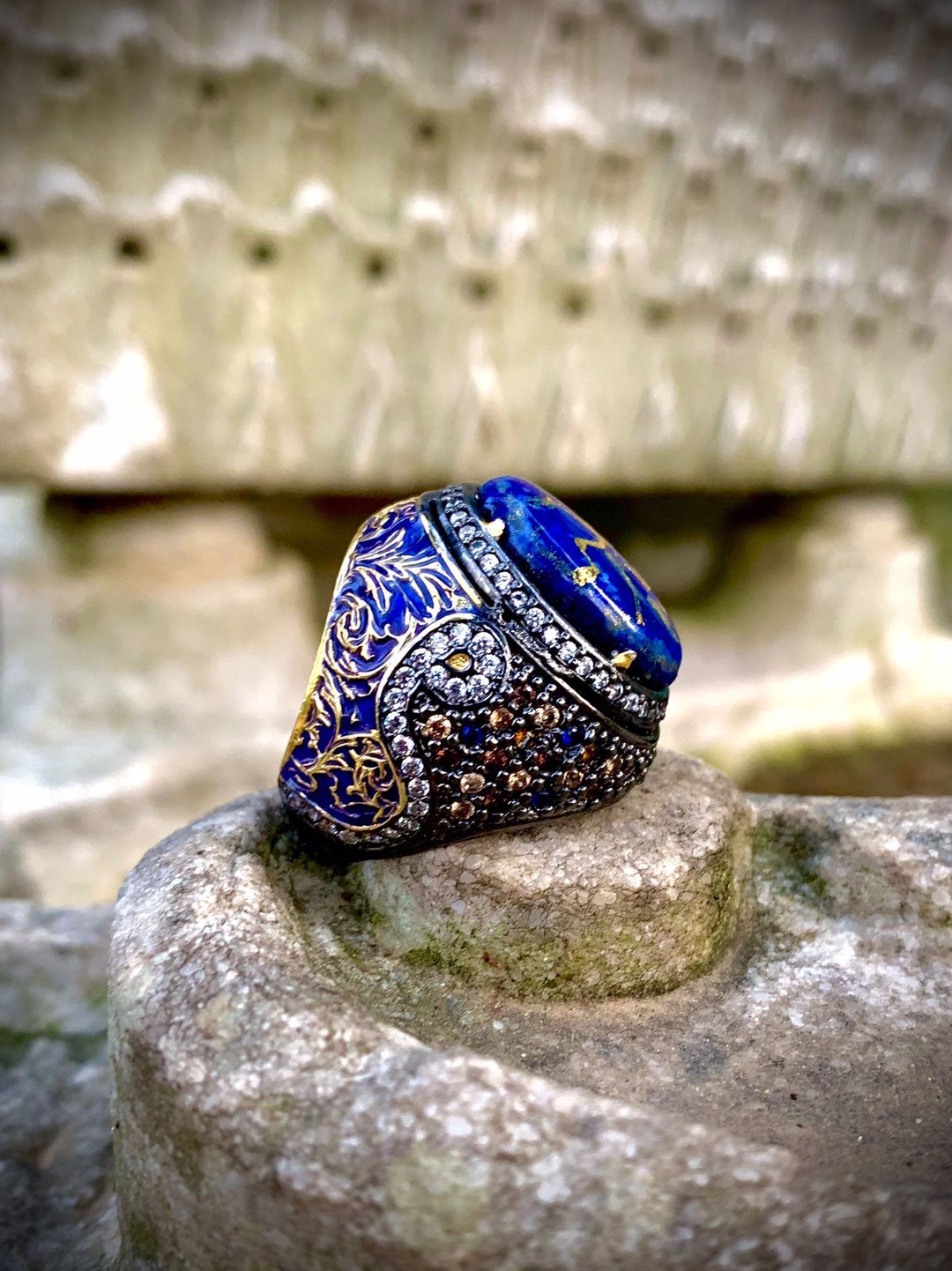 Baroque Ornate Ring, Victorian Ring, Gold Leaf Embroidered Lapis Lazuli ...